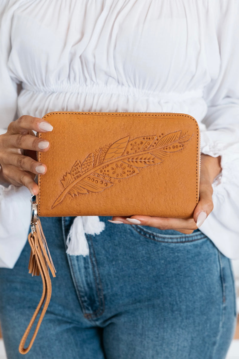 BOHO FEATHER ZIP ROUND WALLET TAN | Bohemian Love Runway